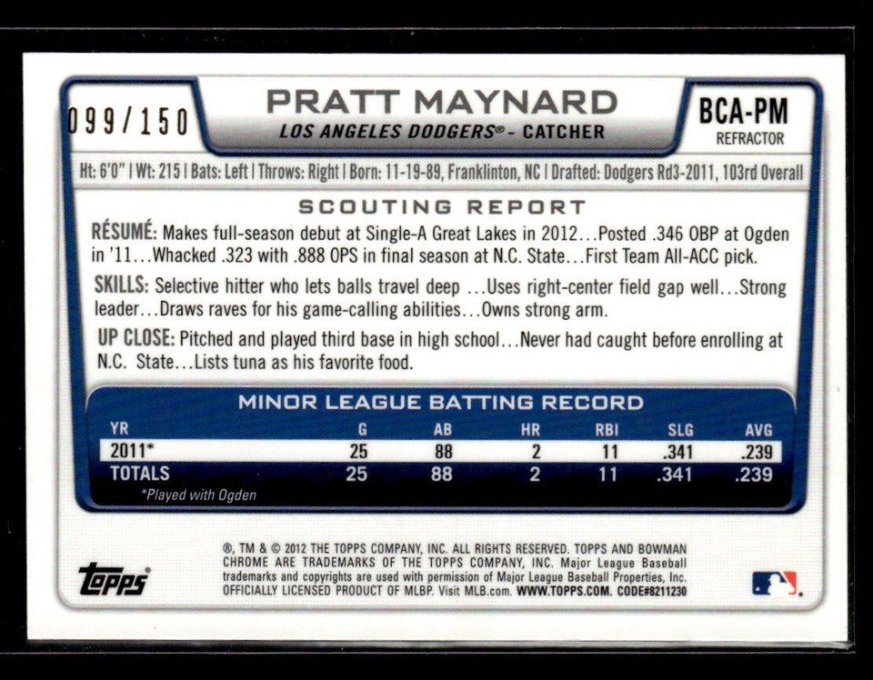 2012 Bowman Chrome Prospect Autographs Blue Refractors #PM Pratt ...