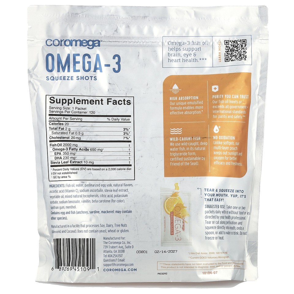 Coromega Omega-3 Orange Squeeze 120 Packets 2 5 g Each Dairy-Free ...