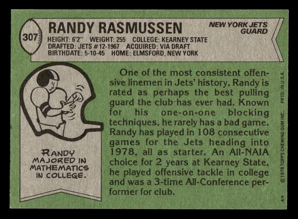 Randy Rasmussen 1978 Topps #307 New York Jets | eBay