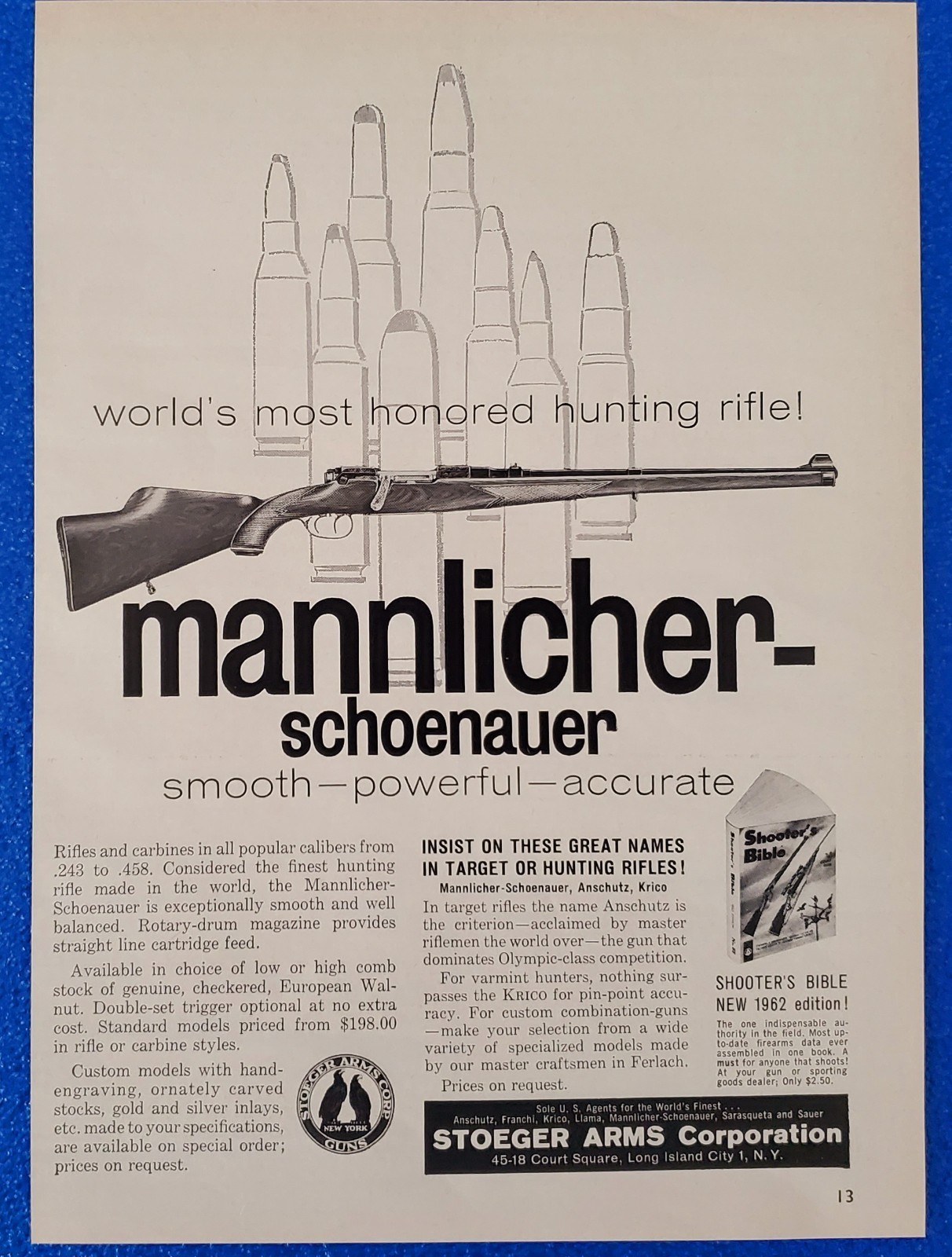 1961 MANNLICHER HUNTING RIFLE - IMPORTED BY STOEGER ARMS - ORIGINAL ...
