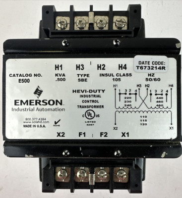 EMERSON E500 HEVI-DUTY INDUSTRIAL CONTROL TRANSFORMER 0.500KVA TYPE SBE ...
