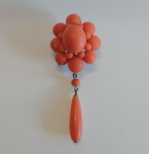 ANTIQUE VICTORIAN ERA CORAL DANGLE PIN BROOCH - Gem