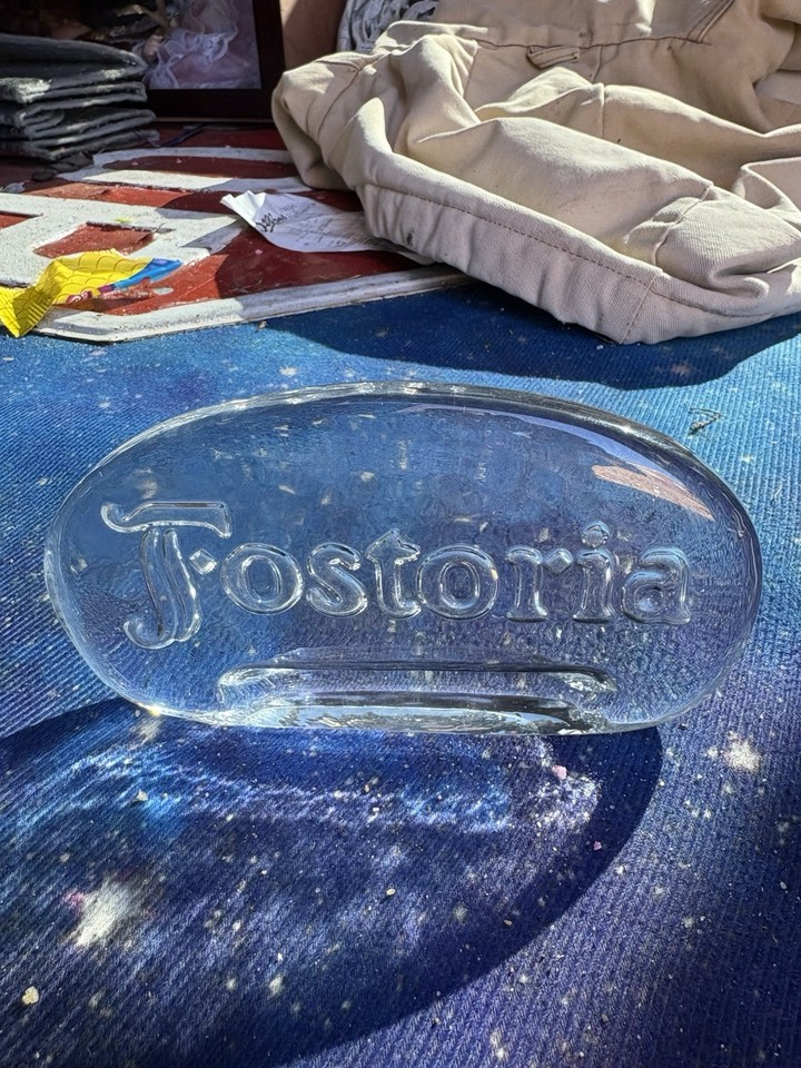 Vintage Store Display Logo by Fostoria Clear Glass Oval Recessed Script ...