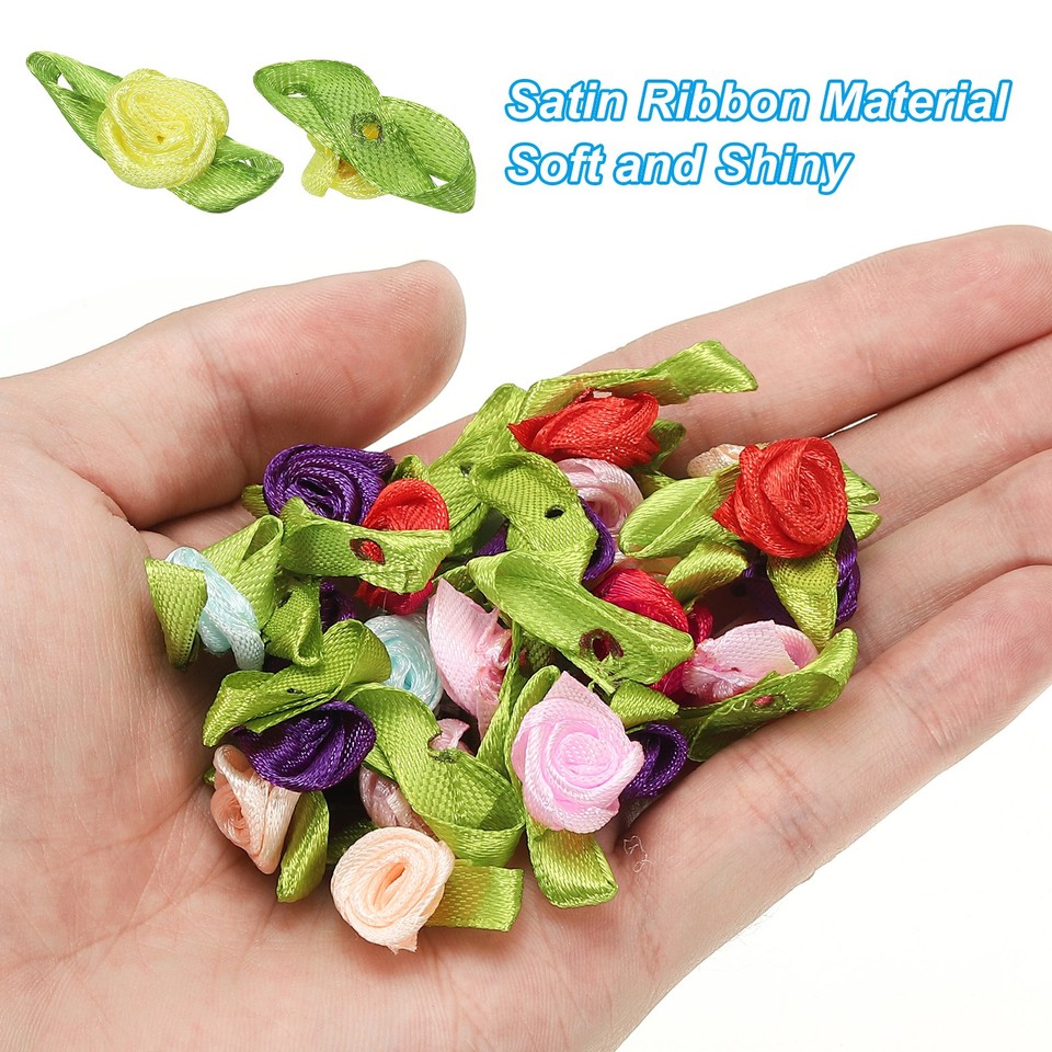 100Pcs 15mm Tiny Satin Ribbon Rose Fabric Flowers Rosettes Applique ...