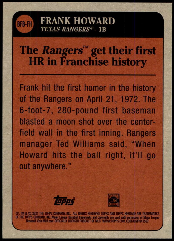 Frank Howard 2021 Topps Heritage 5x7 Baseball Flashbacks #BFB-FH 46/49 ...