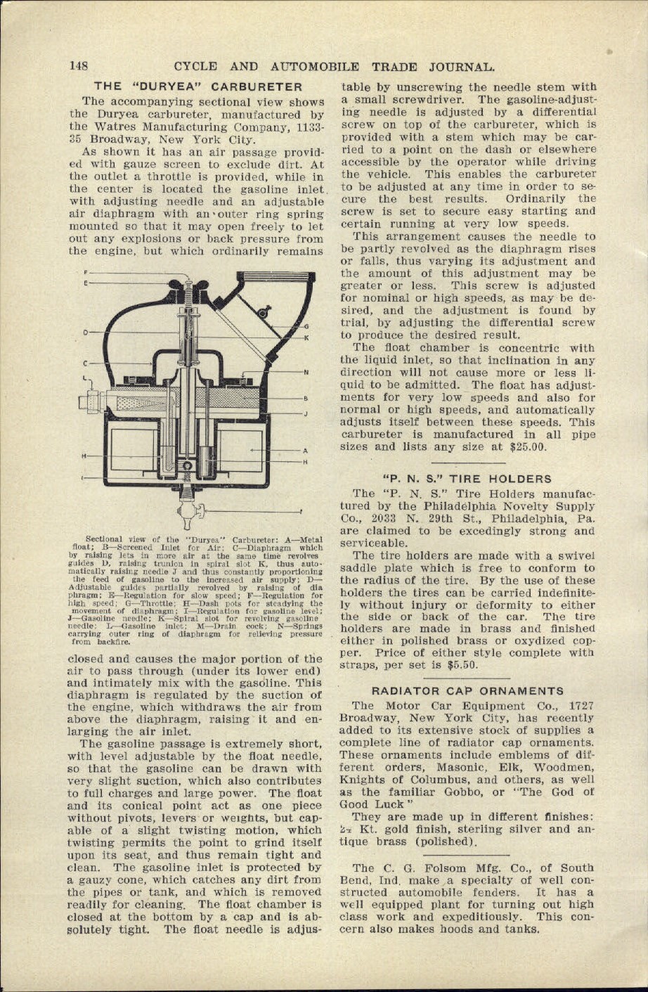 1909 PAPER AD CAR AUTO ARTICLE Duryea Carburetor Automobile | eBay