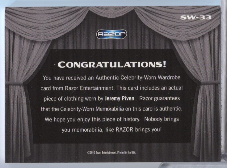 Jeremy Piven Actor 2010 Razor Celebrity Worn Memorabilia #SW-33 ...