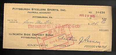 1970 BEN MCGEE PITTSBURGH STEELERS PAYROLL CHECK ART ROONEY SIGNED JSA ...