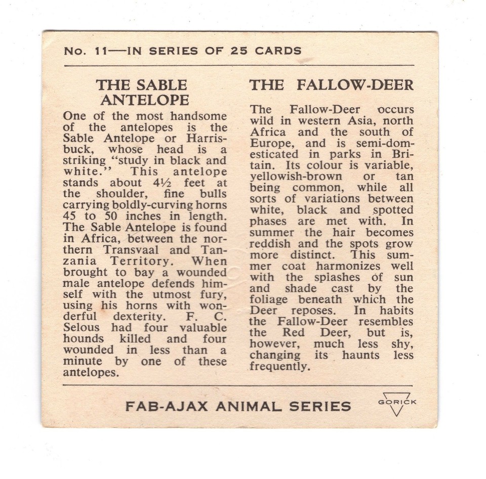 Australian 1960s card Fab-Ajax Animal Series 1960s #11 Fallow Deer ...