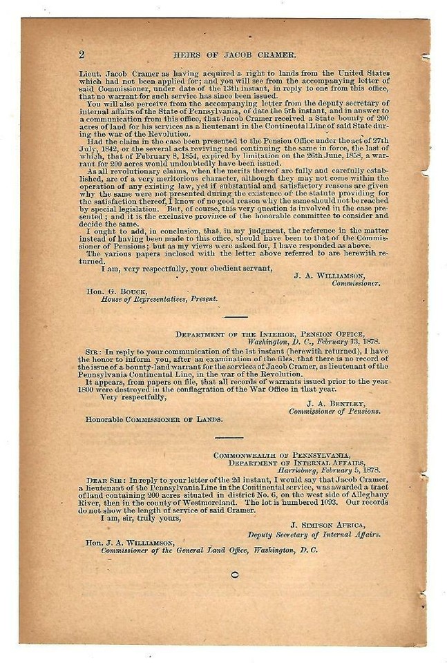 Cmte. Military Affairs Re: Jacob Cramer Heirs Relief Revolutionary War ...