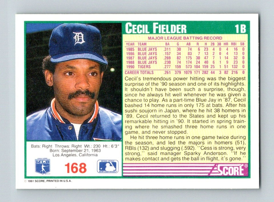 1991 Score Baseball Card #168 Cecil Fielder Detroit Tigers 1st Base | eBay