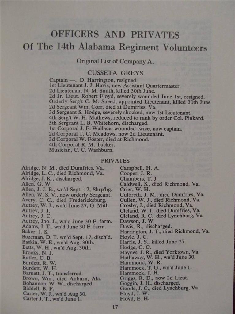 HISTORY OF 14th REGIMENT ALABAMA VOLUNTEERS CSA- 1863 REPRINT ...