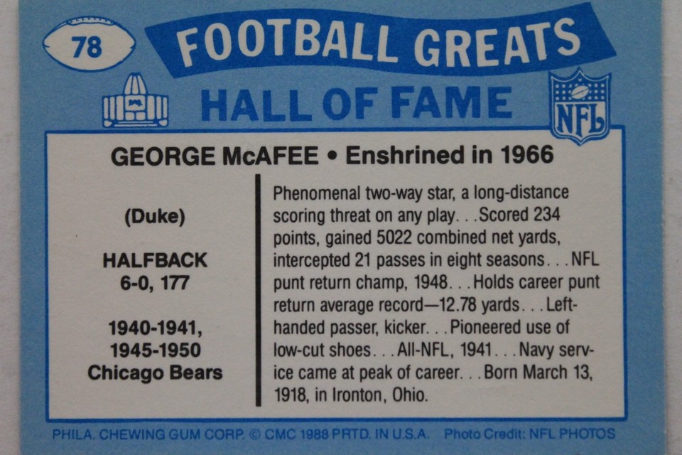 George McAfee Chicago BearsDuke HOF (d.09) 1988 Swell #78 Signed ...