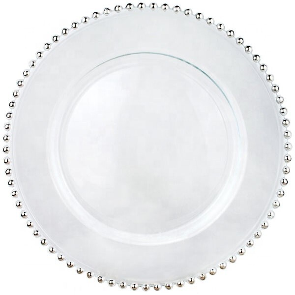 8 Decorative Silver Charger Plate Large Pearl Beads Clear Glass Rim ...