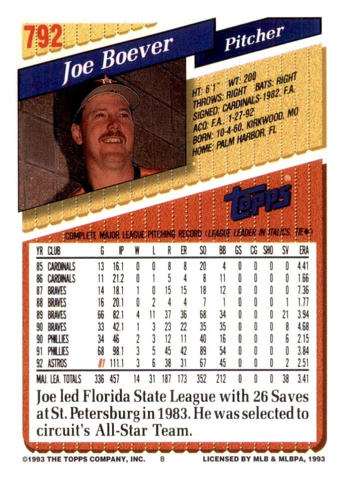 1993 Topps Gold Joe Boever Foil MLB Insert PWE Astros #792 | eBay