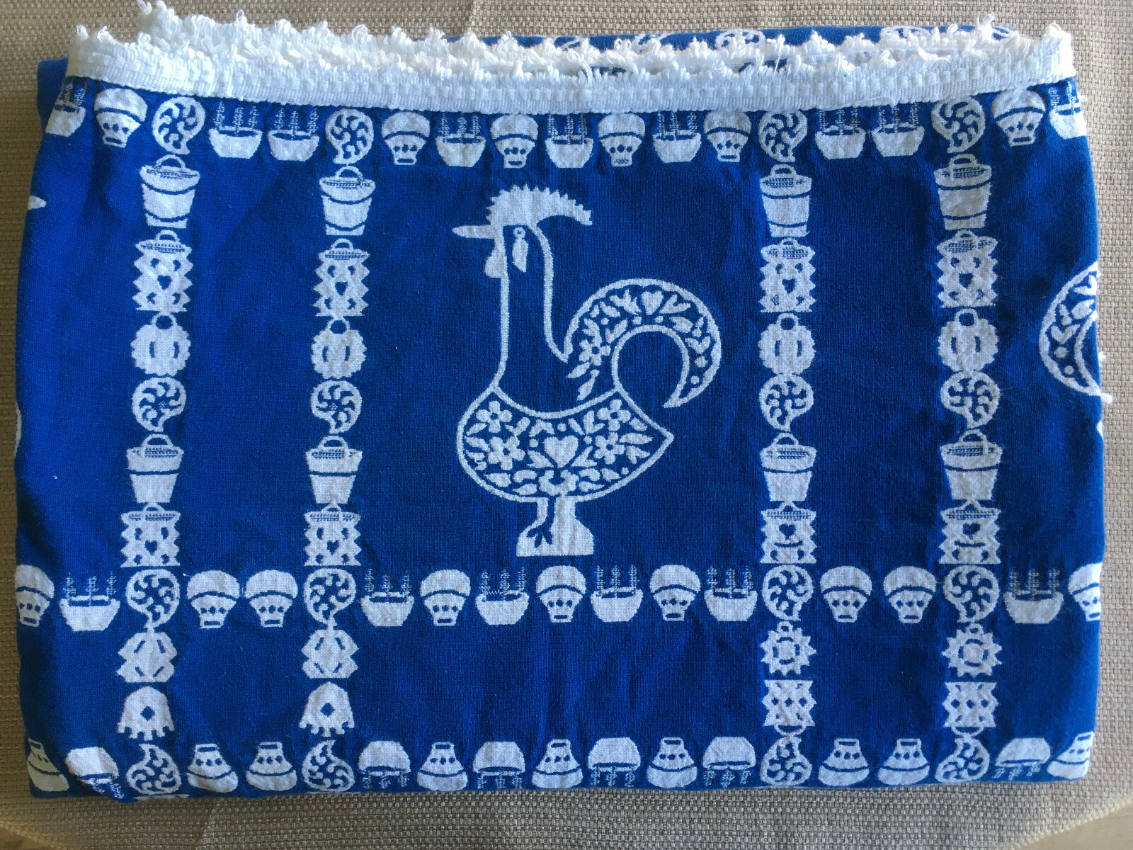 Vintage Woven Royal Blue and White 46 x 46 Rooster Tablecloth Farmhouse ...