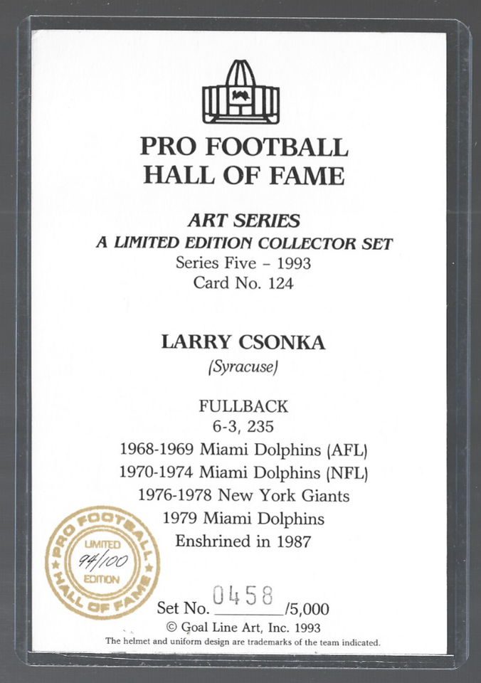Goal Line Art Card - Larry Csonka - Gold Seal Autograph #/100 | eBay