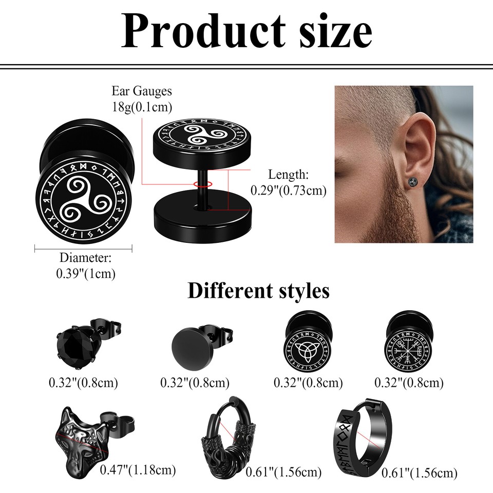 8 Pairs Men's Viking Runes Wolf Earrings Stainless Steel Studs Fake ...
