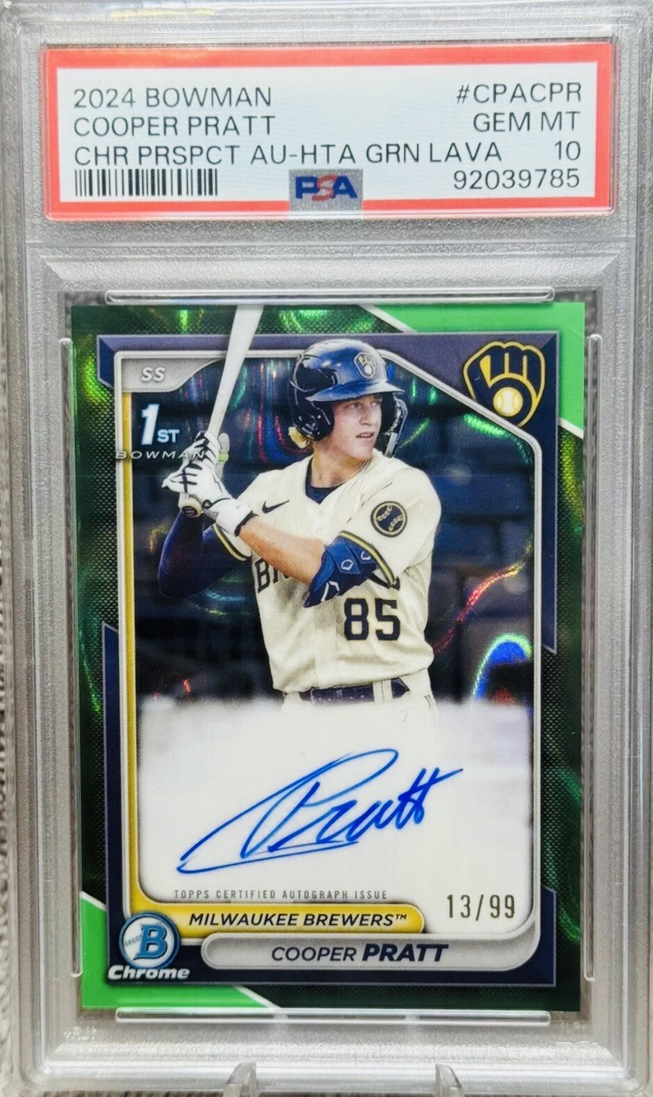 2024 COOPER PRATT Bowman Chrome 1st Auto ️ GREEN LAVA /99 ️ PSA 10 ️ ...