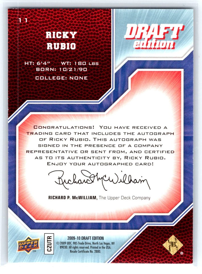 Ricky Rubio 2009-10 Upper Deck Draft Edition #11 364/499 Autograph ...