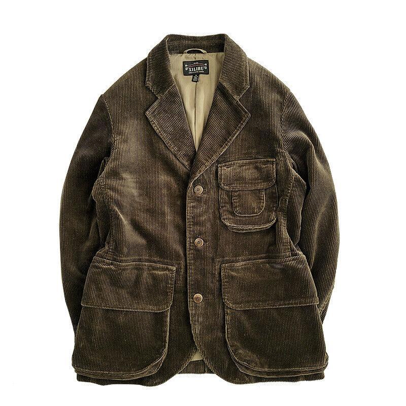 Men's Vintage Casual Work Corduroy Lapel Buttons Safari Jacket Hunting ...