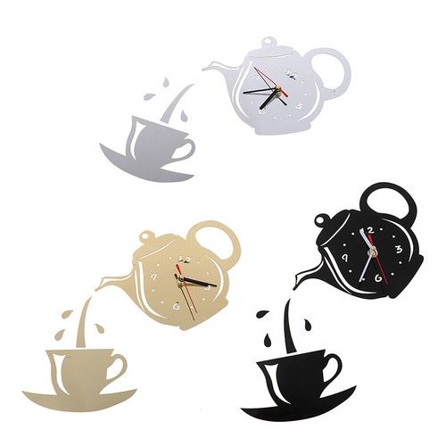 DIY Acrylic Coffee Cup Teapot 3D Wall Clock Decorative Kitchen Wall ...