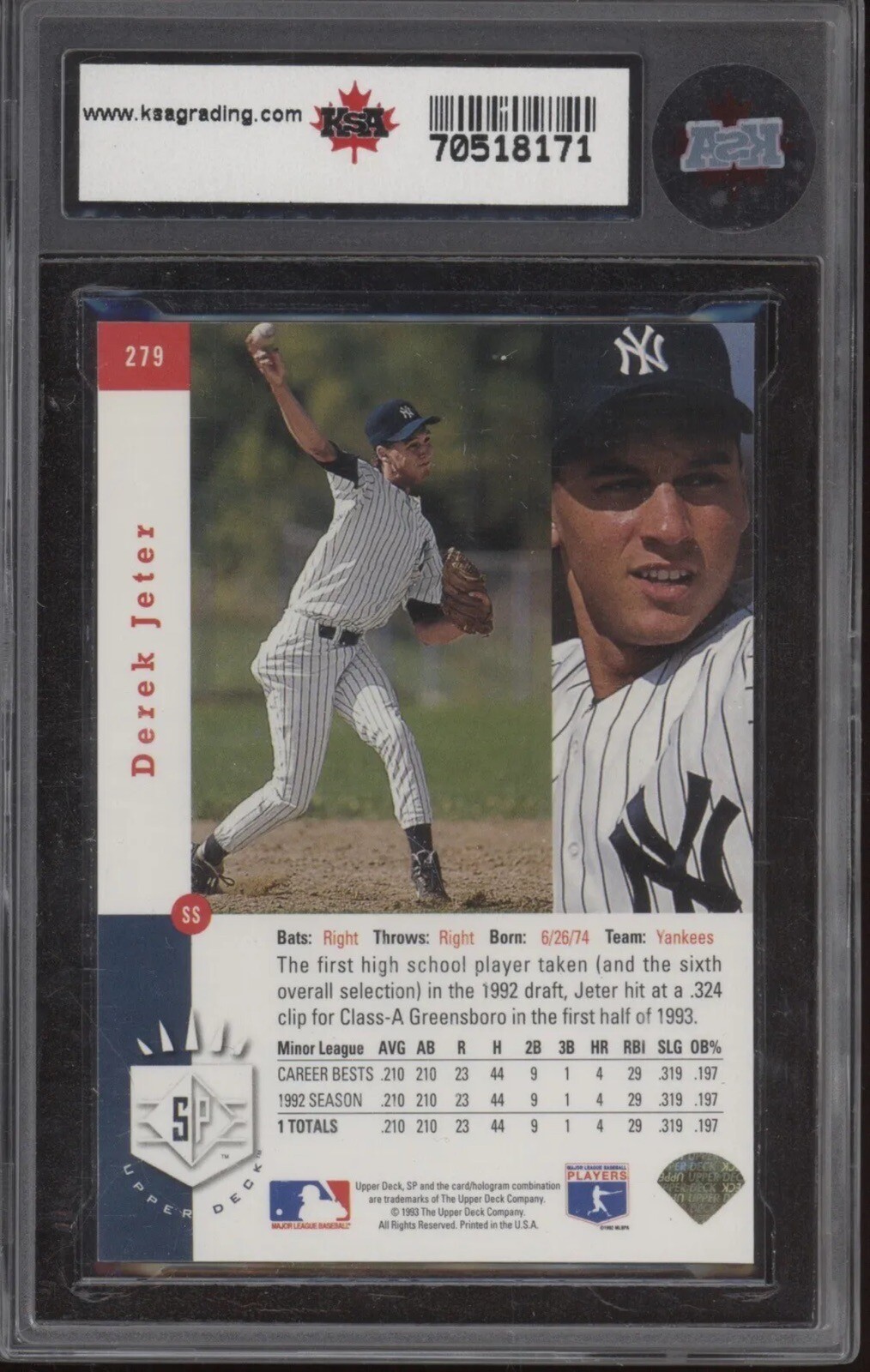 1993 Upper Deck SP #279 Derek Jeter FOIL Rookie Card RC KSA 10 GEM MINT ...