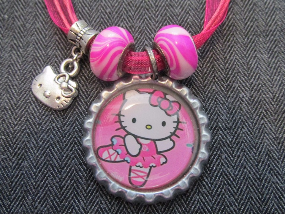 Pink Ribbon Bottle Cap Bling Charm Necklace Sparkle Beads HELLO KITTY ...