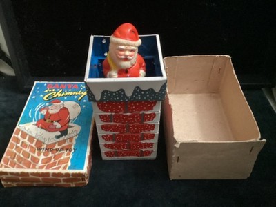 Vintage Christmas Metal Tin Litho Wind Up Santa in Chimney Toy w/ Orig ...