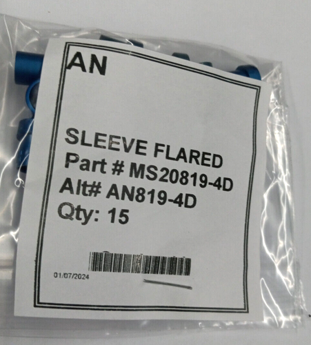 MS20819-4D ALT# AN819-4D Sleeve, Flared Tube Fitting - Aluminum (15 ...