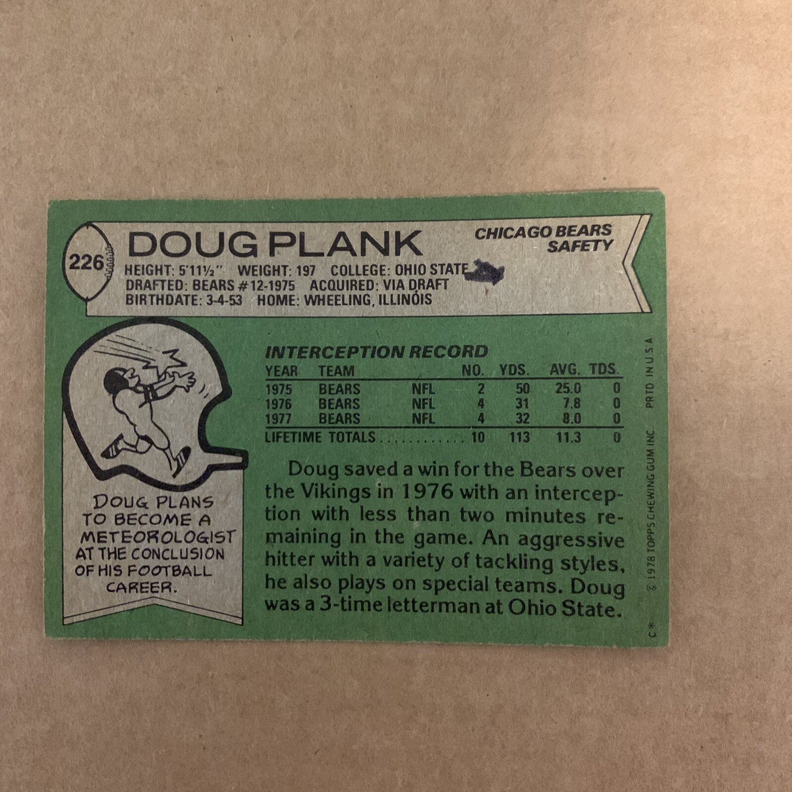 1978 Topps Doug Plank # 226 Chicago Bears Football Card NFL | eBay
