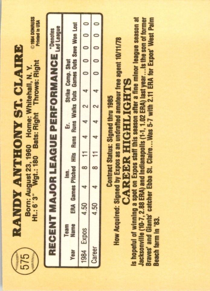 1985 Donruss Baseball Randy St. Claire Rookie . Montreal Expos #575 | eBay