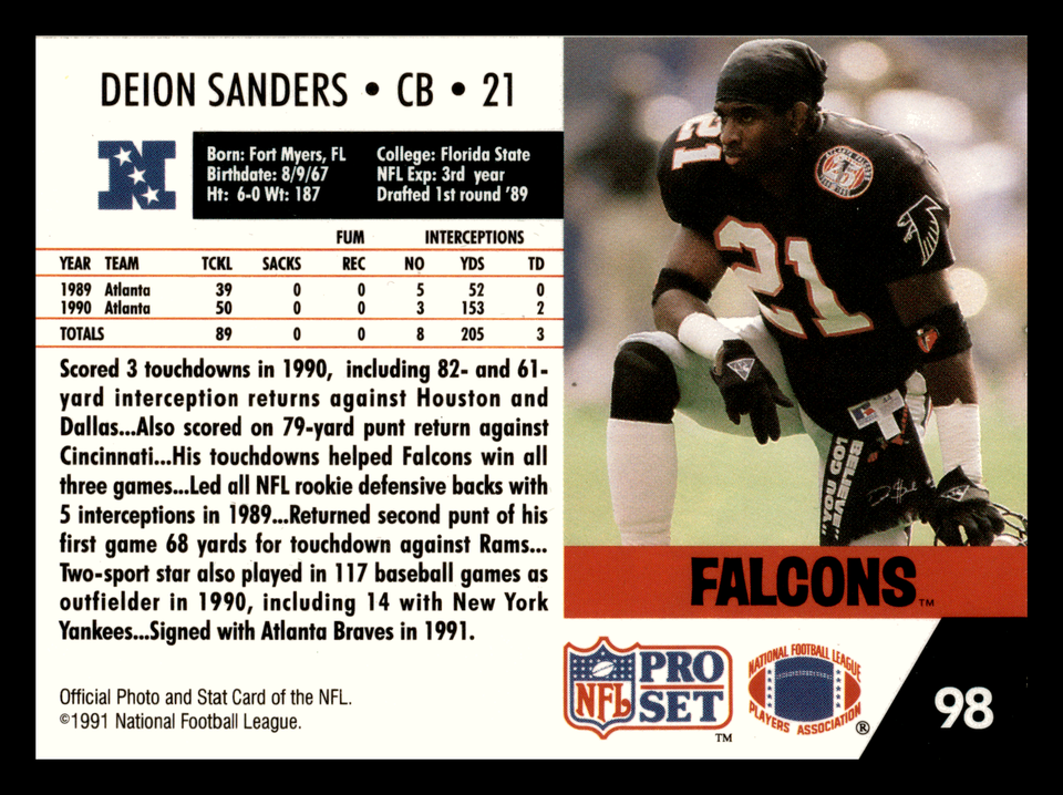 1991 Pro Set Deion Sanders Atlanta Falcons #98 NM-MINT | eBay