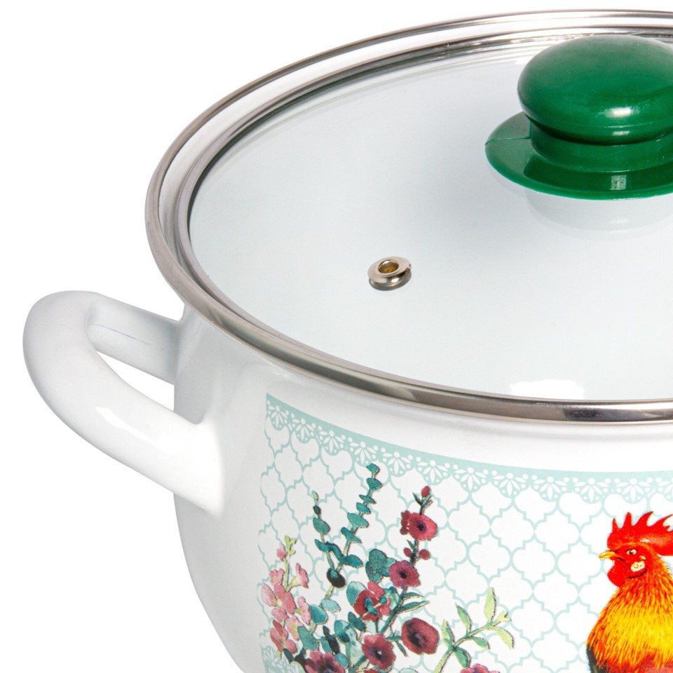 ROOSTER Enamelware Stockpot with Glass Lid, Enameled Cooking Pot 4 qt ...
