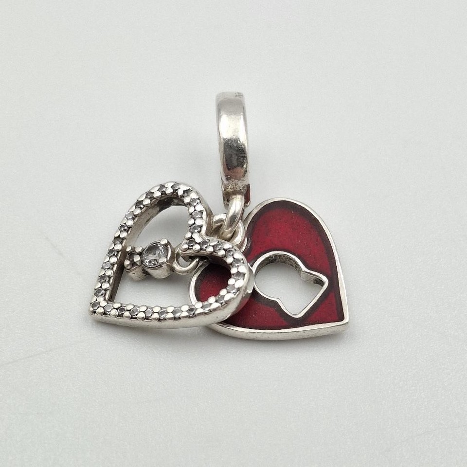 Pandora 925 Sterling Silver Red Heart & Keyhole Double Dangle Charm ...