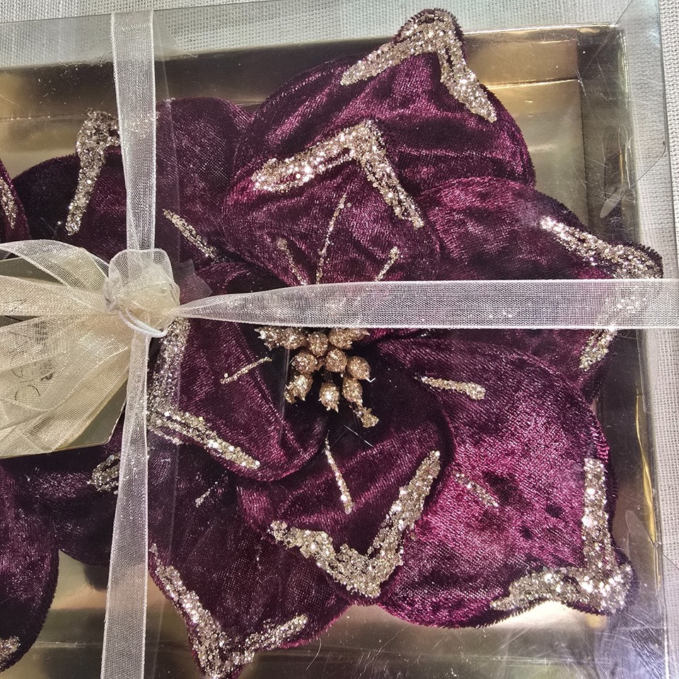 Set Of 2 Poinsettia Stem Jewel Glitter Christmas Clip-on Stem Purple ...