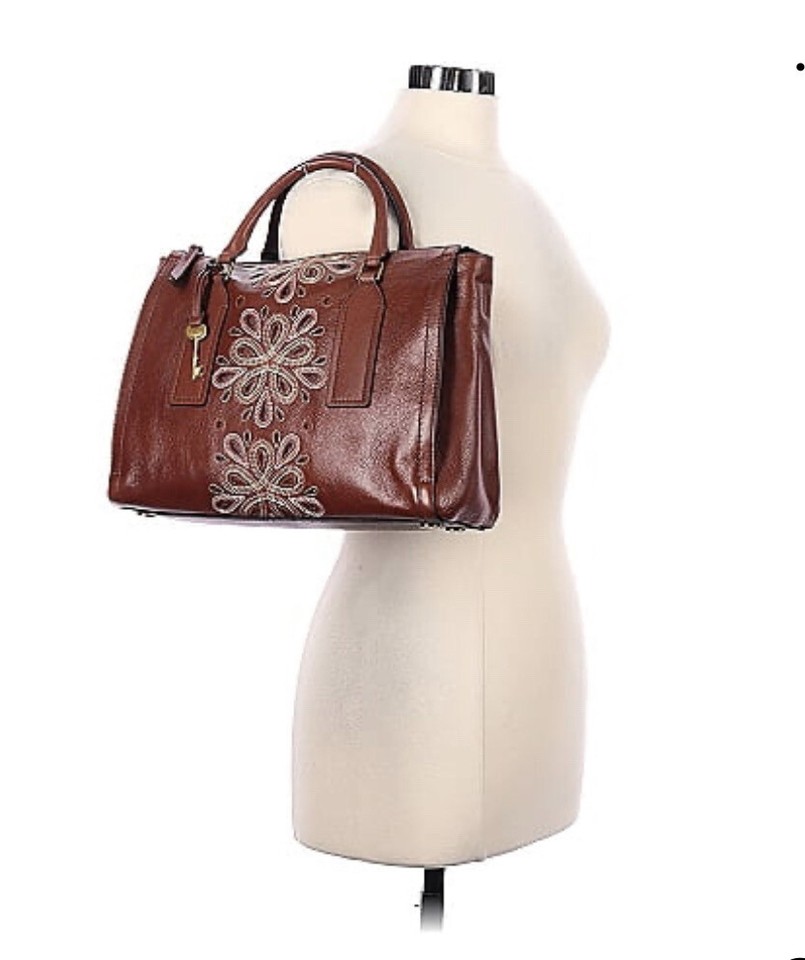 Fossil Parker Embroidery Leather Brown Satchel Bag Purse $295 | eBay