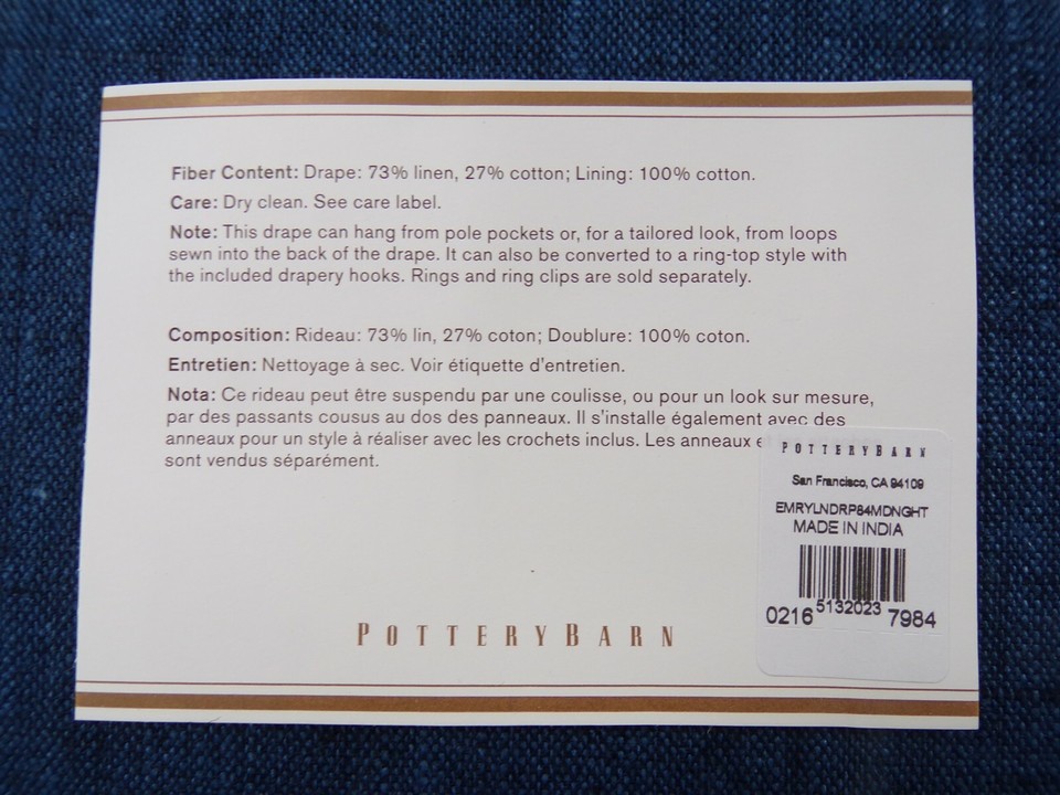 Pottery Barn Emery Cotton Lined Drape Panel 50x 84" Midnight Blue Denim ...