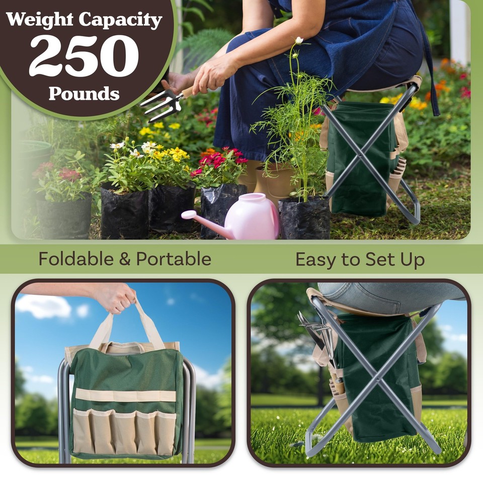 Folding Garden Stool with Tool Bag Plus 5 Garden Tools,Tan, Green and ...