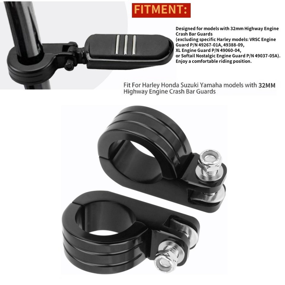 1.25" Black Engine Guard Footpeg Mount Kit Universal For Harley Honda ...