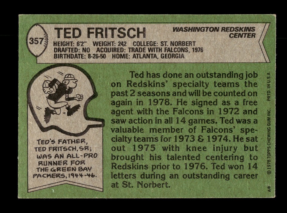 1978 Topps Football #357 Ted Fritsch Jr. Washington Redskins | eBay