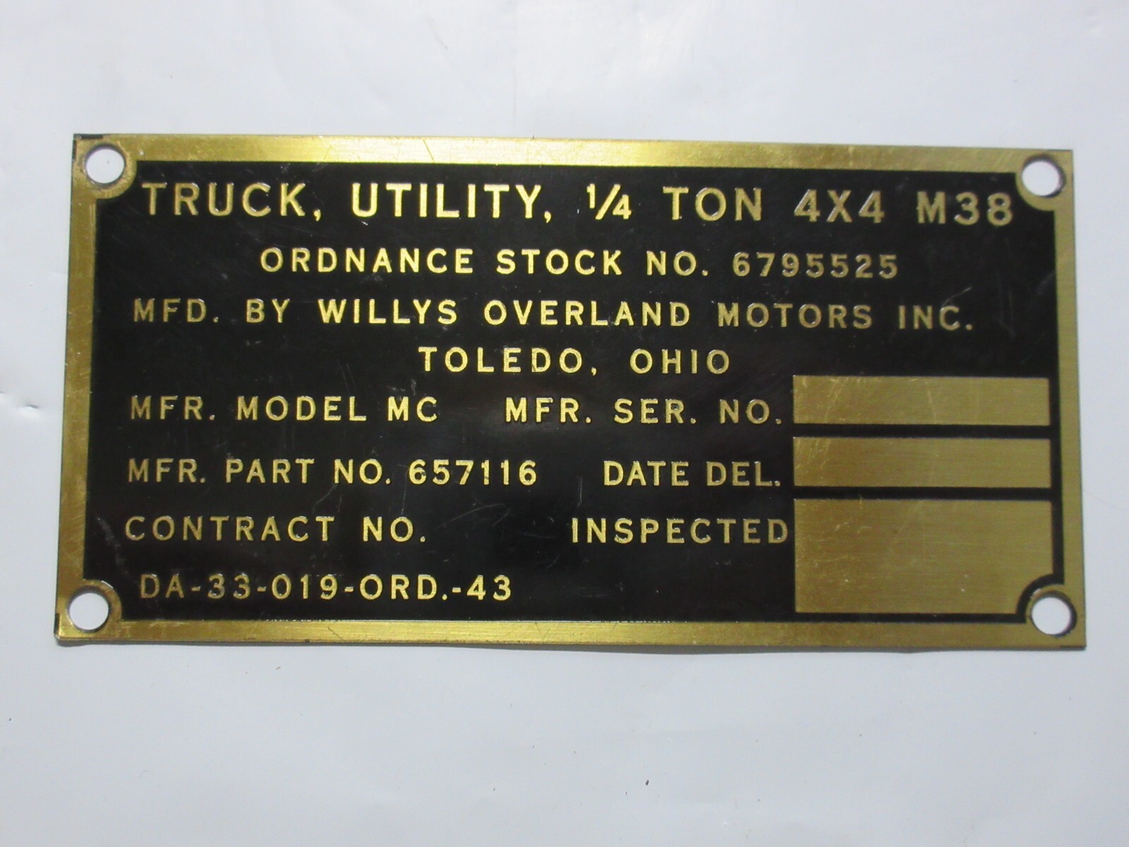Original NOS Brass Data Plates for Willys M38 Military Jeep G740 | eBay