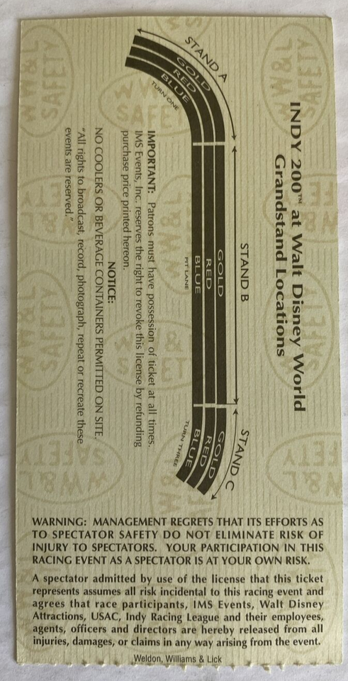 Walt Disney World January 25 1996 Indy 200th Race Ticket Stub Indy ...