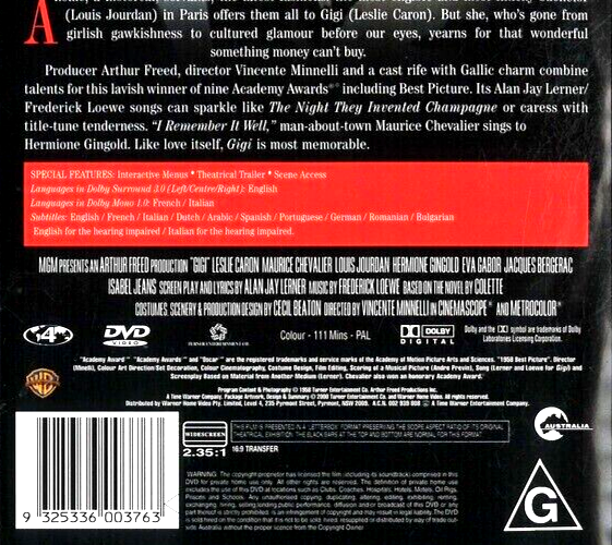 GIGI DVD 1958 LESLIE CARON MAURICE CHEVALIER REGION 4 BRAND NEW NOT ...