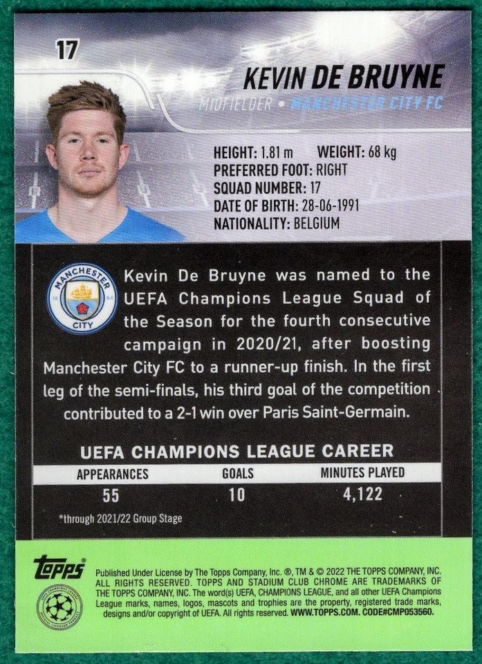 Kevin De Bruyne - 2021-22 Topps Stadium Club Chrome UCL #17 - Soccer ...