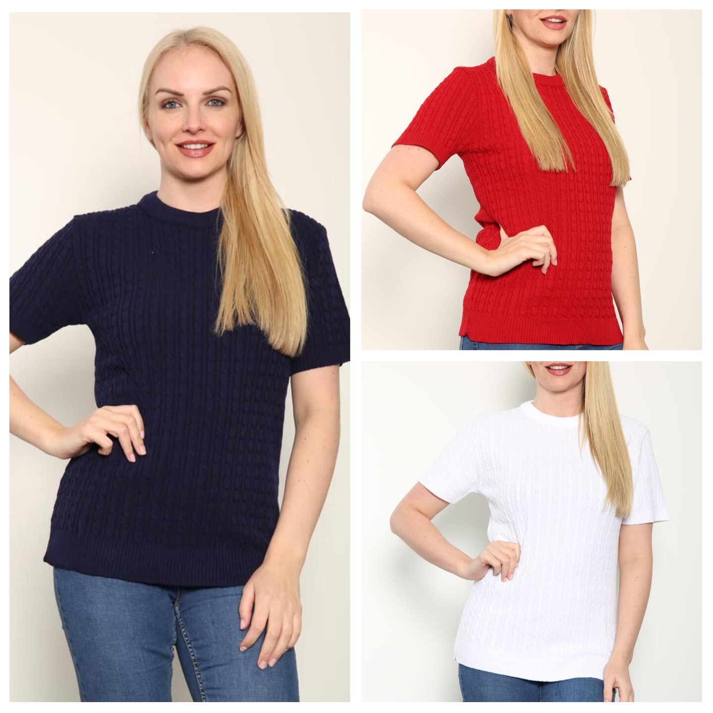 Ladies Knitted Short Sleeve Top Soft Knit Sweater Crew Neck Short ...