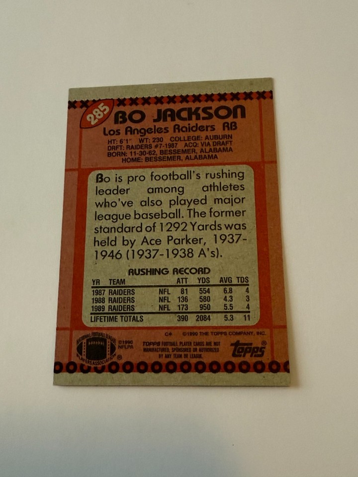 1990 Topps Football Bo Jackson Los Angeles LA Raiders #285 Pack Fresh ...