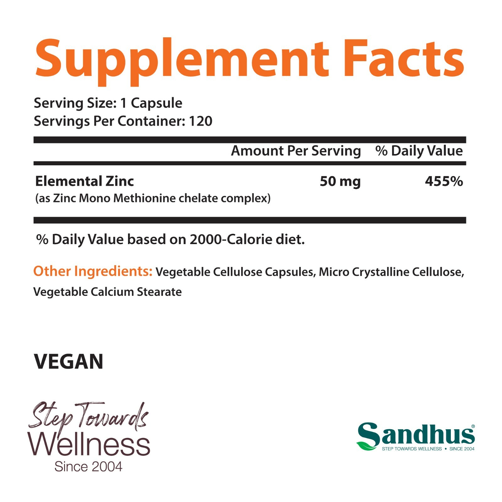 Zinc 50mg -Zinc Methionine 120 Vegetarian Capsules-Immune Health ...