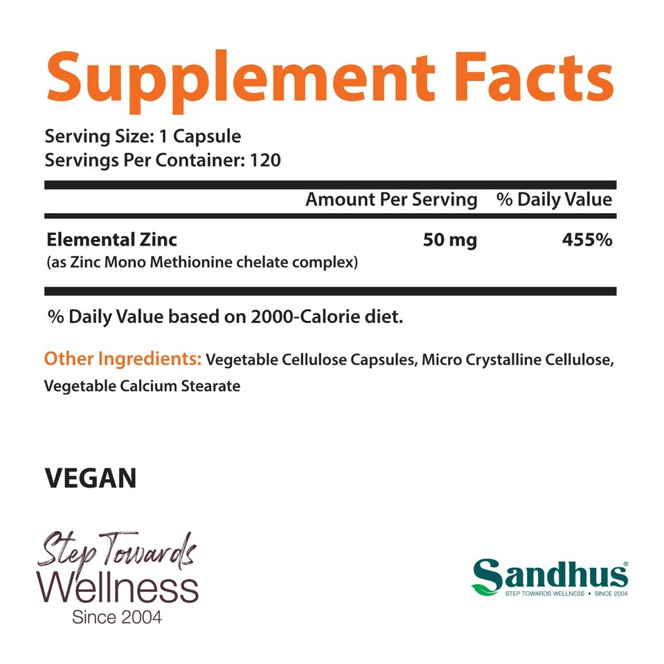 Zinc 50mg -Zinc Methionine 120 Vegetarian Capsules-Immune Health ...