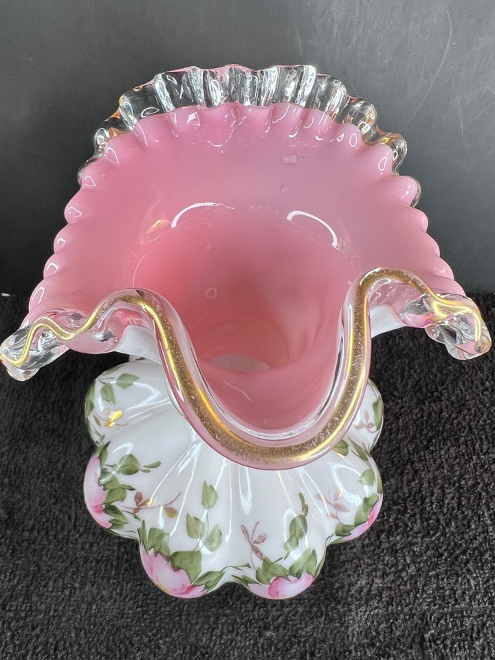Fenton Charleton Peach Crest Large Pitcher / Vase Melon Open Roses ca ...